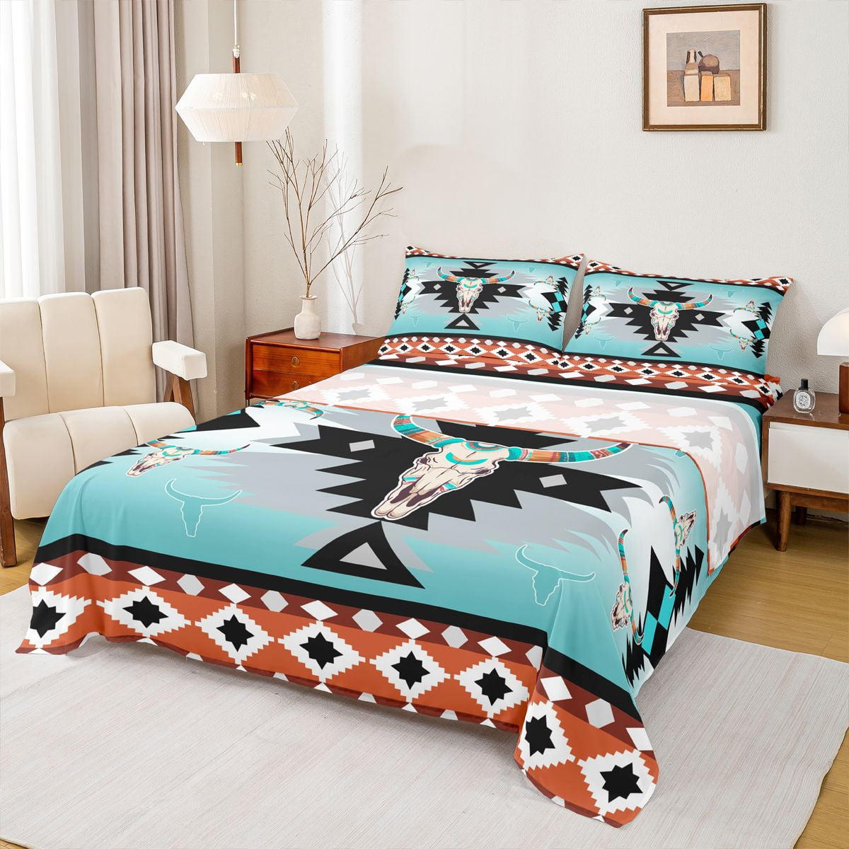 jejeloiu Exotic Bull Skull Twin Sheet Sets,Boho Tribal Twin Fitted ...