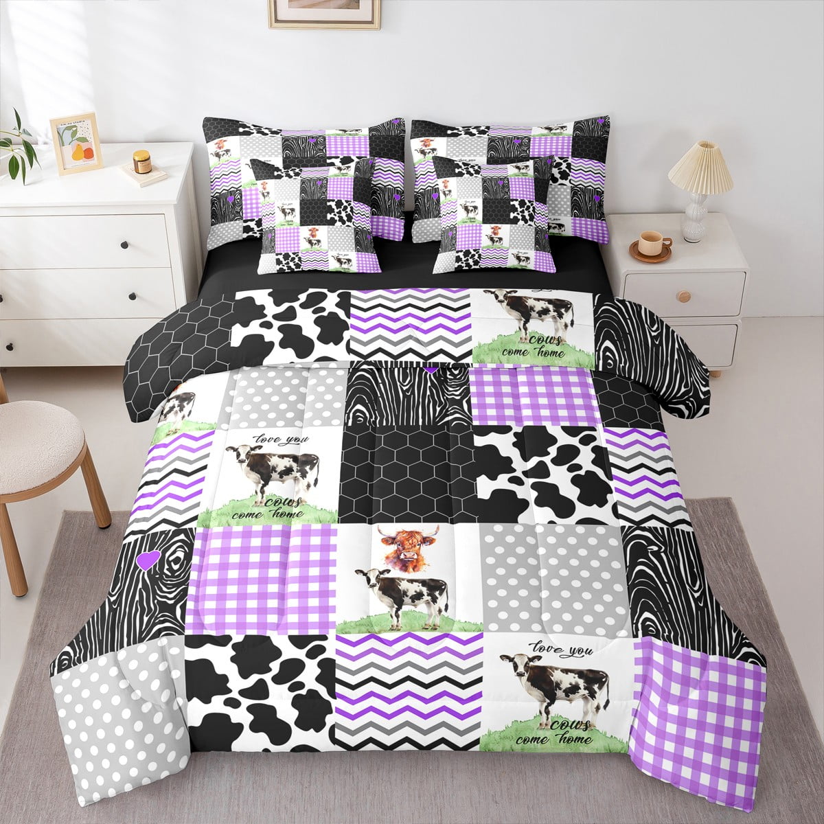 jejeloiu Farm Animal Cattle Bedding Comforter Set 7 Pieces,Geometric ...