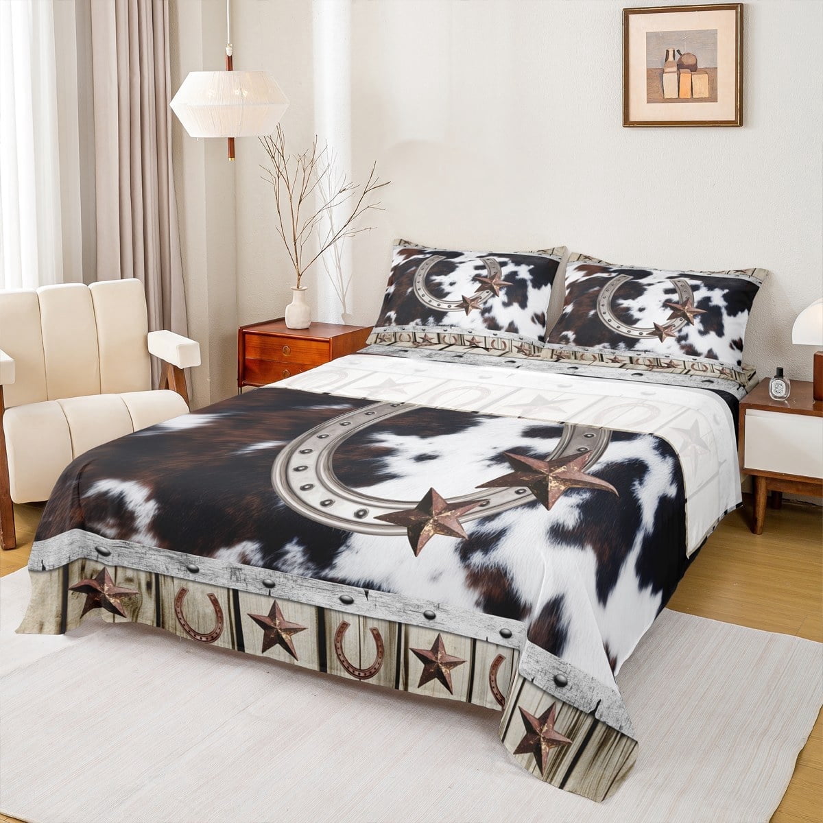 jejeloiu Farm Animal Cattle Full Size Sheets,Horseshoe Cow Hide Bed ...