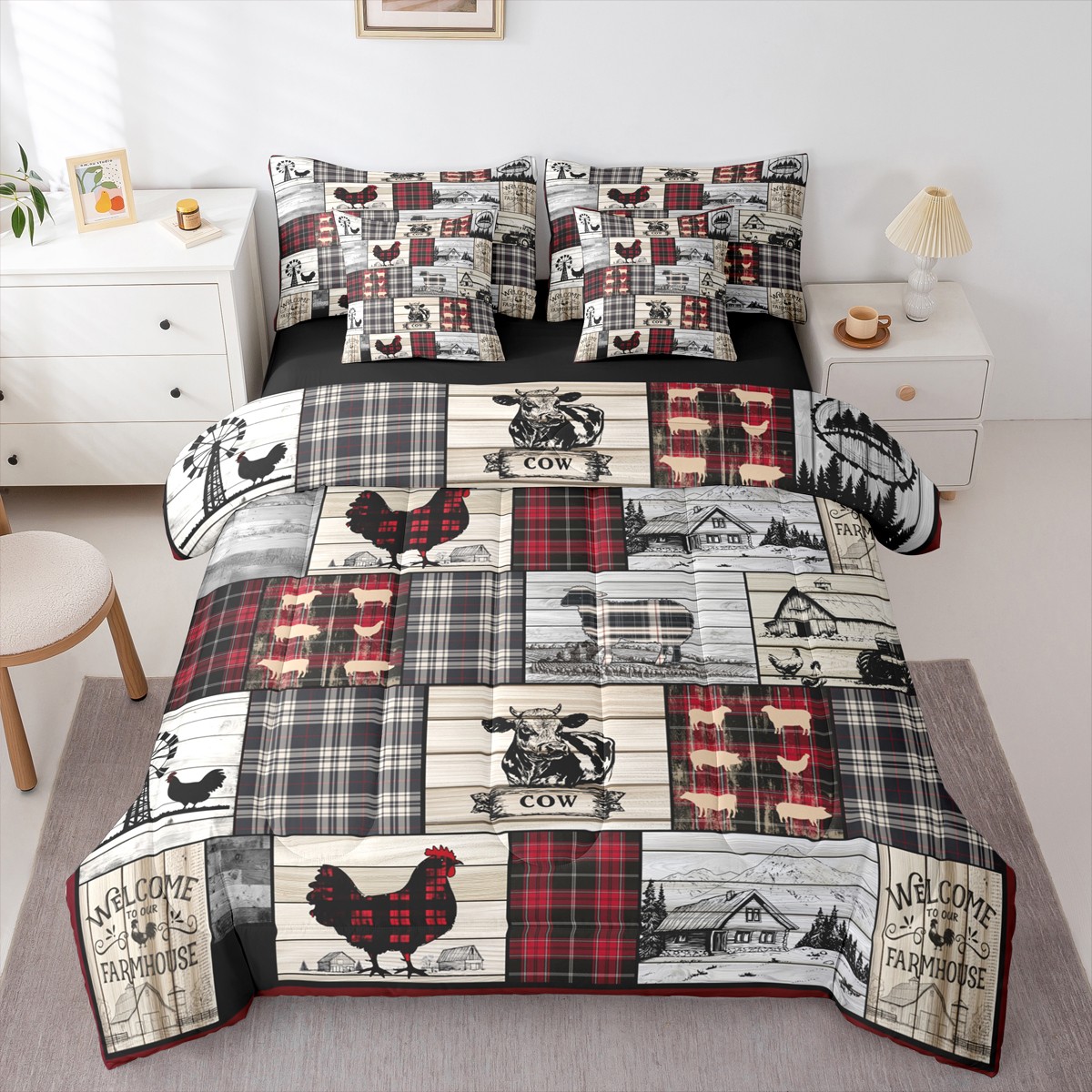 jejeloiu Farm Animal Cow Bedding Comforter Set 7pcs,Old Barn Door Queen ...