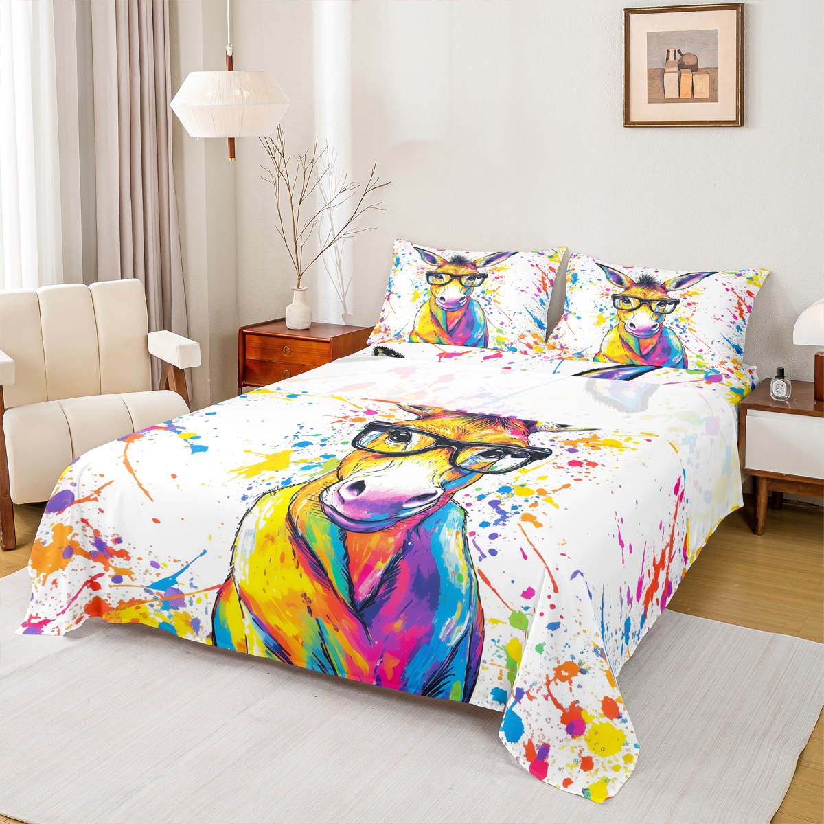 jejeloiu Farm Animal Donkey Full Size Sheets,Colorful Splatter Ink Bed ...