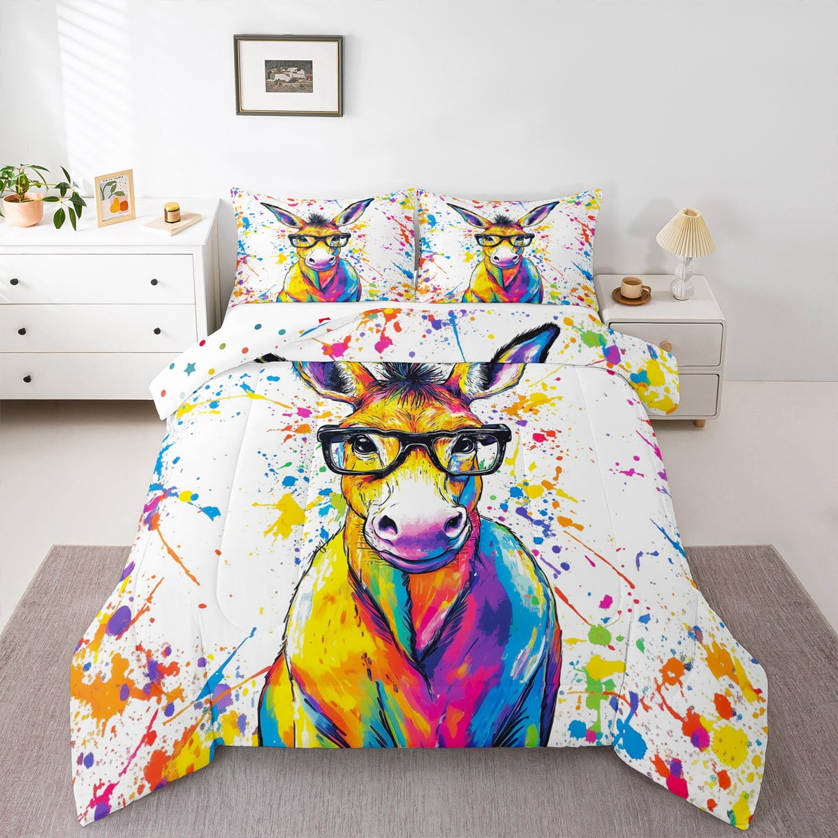 jejeloiu Farm Animal Donkey Queen Comforter Set,Colorful Splatter Ink ...