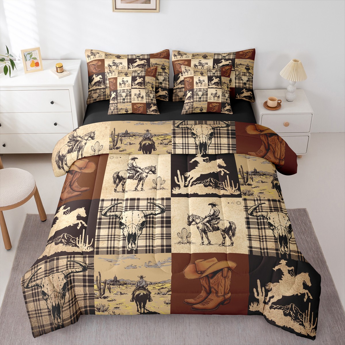jejeloiu Farm Animal Horse Bedding Comforter Set 7-Piece,Vintage Bull ...