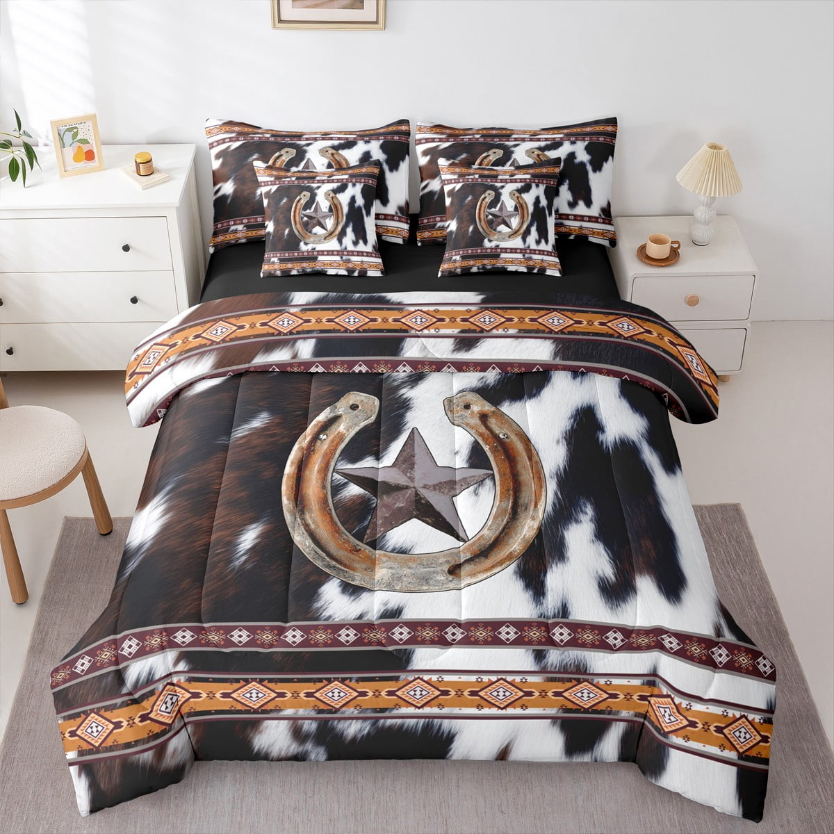jejeloiu Farm Animal Horseshoe Bedding Comforter Set 7-Piece,Cattle Cow ...