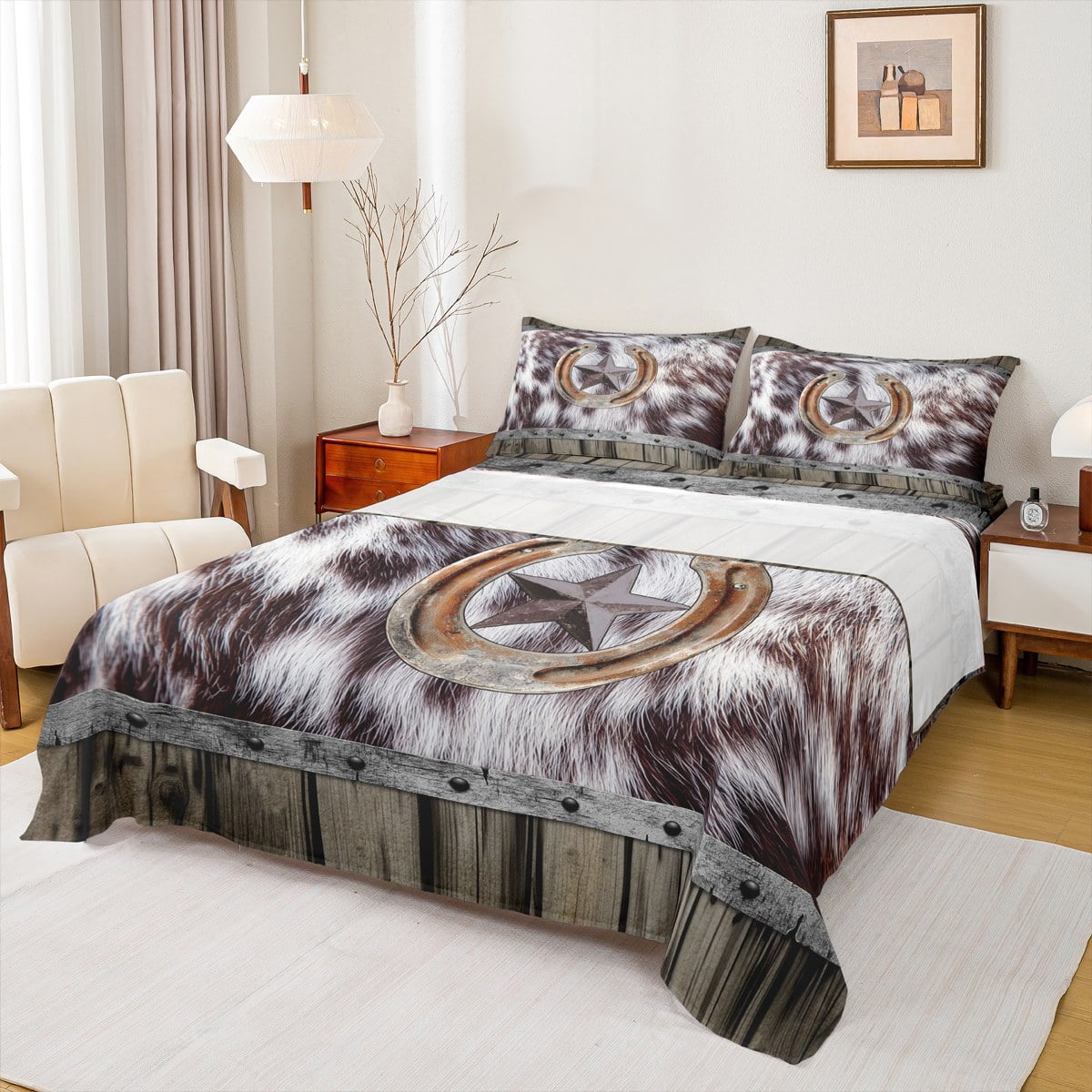 jejeloiu Farm Cattle Pattern Full Size Sheets,Retro Horseshoe Cowhide ...