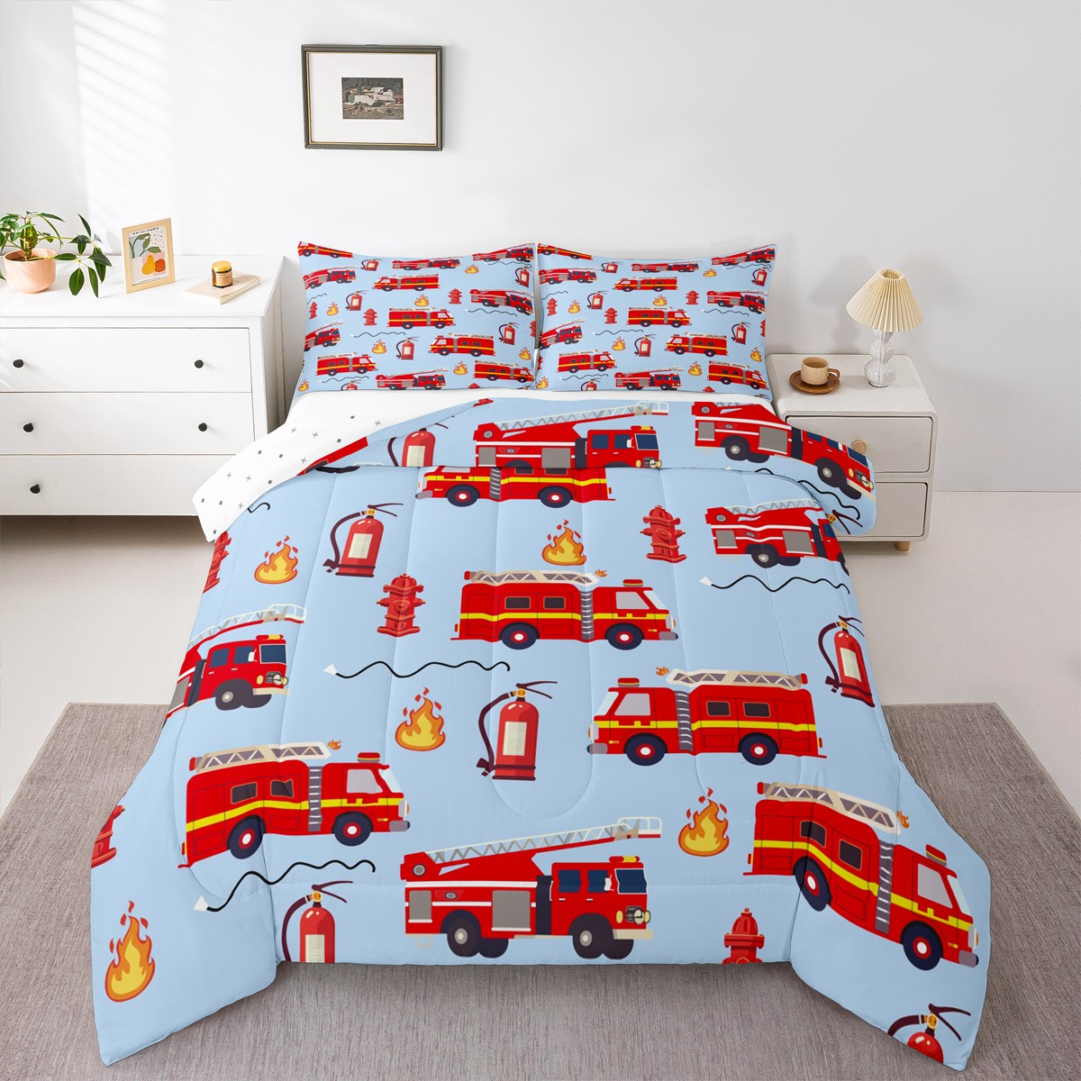 jejeloiu Firefighting Theme Full Size Comforter Sets,Fire Truck Bedding ...