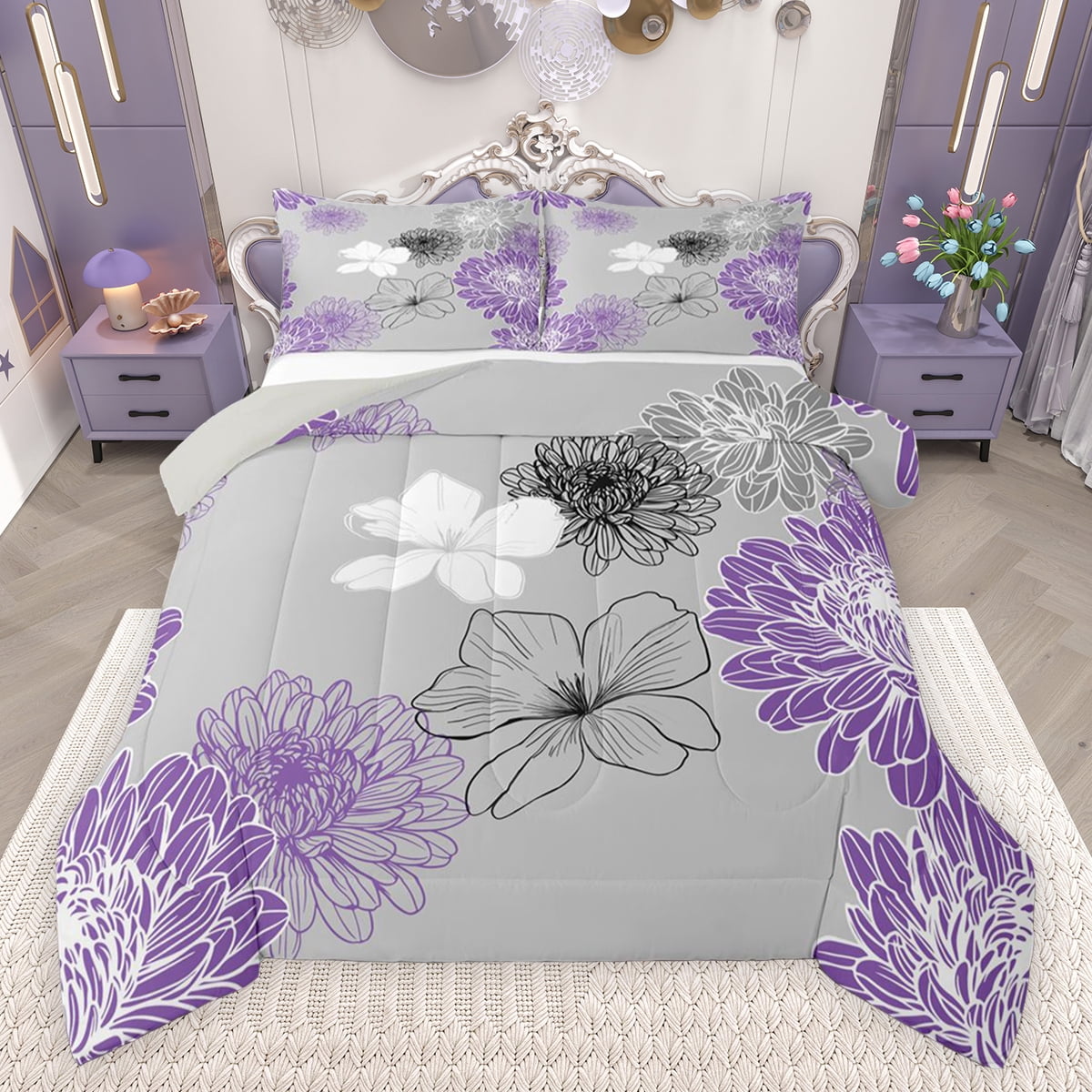 jejeloiu Flowers Aesthetic Full Size Comforter Sets,Romantic Japanese ...