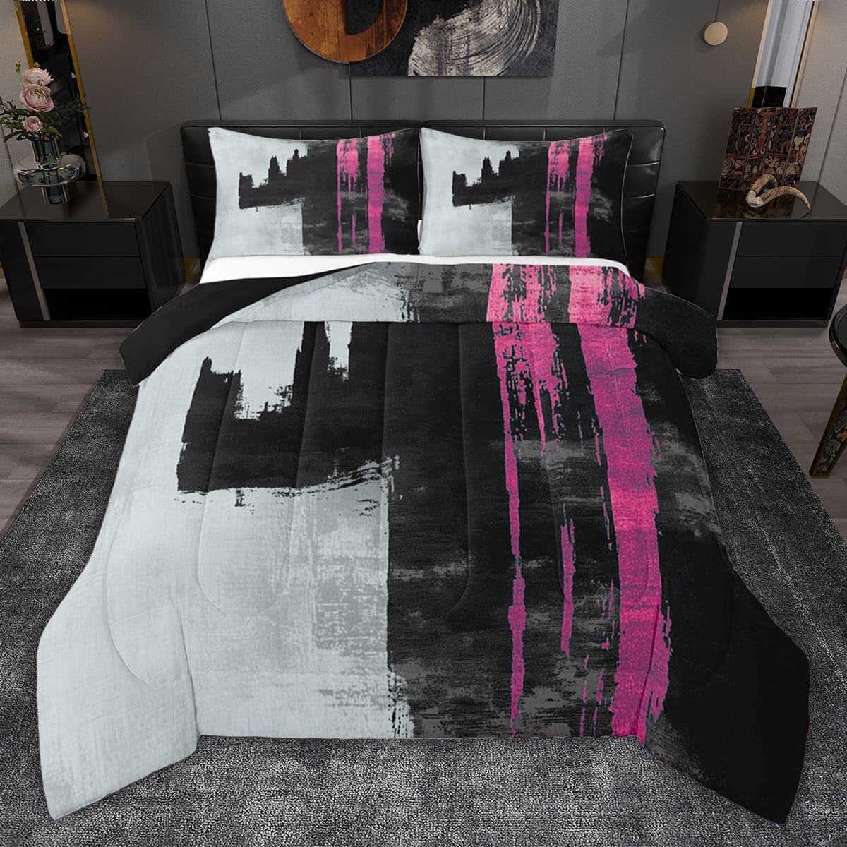 jejeloiu Fluid Art Artwork Queen Comforter Set,Black Gray Pink Bedding ...