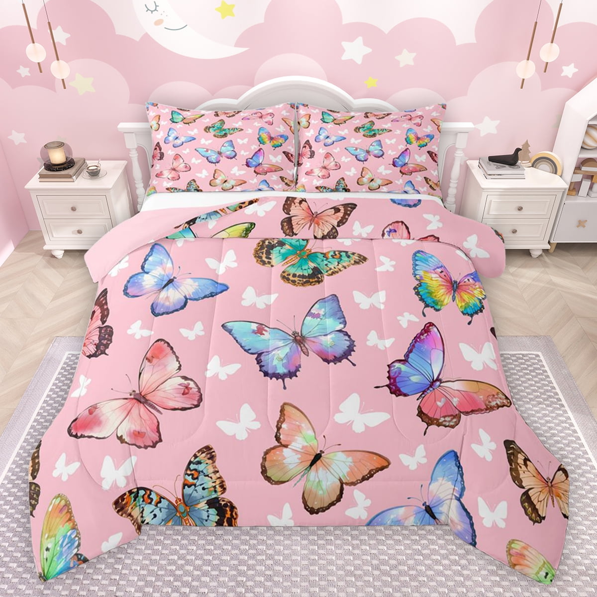 jejeloiu Flying Butterfly Bedding Comforter Set,Cute Multicolor ...