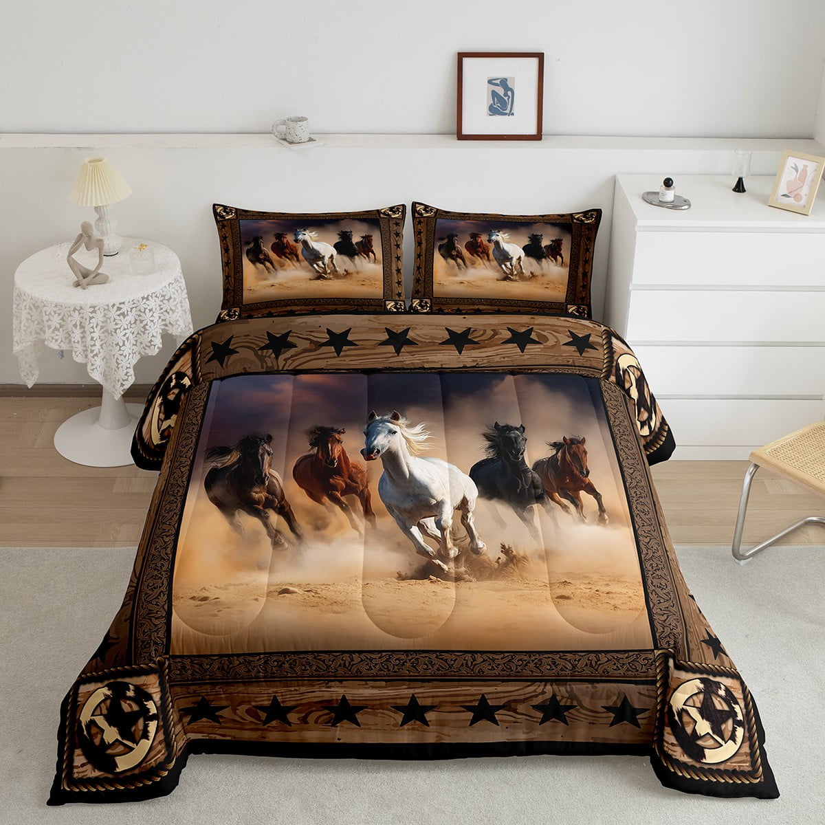 jejeloiu Fram Animal Horse Bedding Comforter Set,Retro Stars Print Twin Comforter Sets,Rustic ...