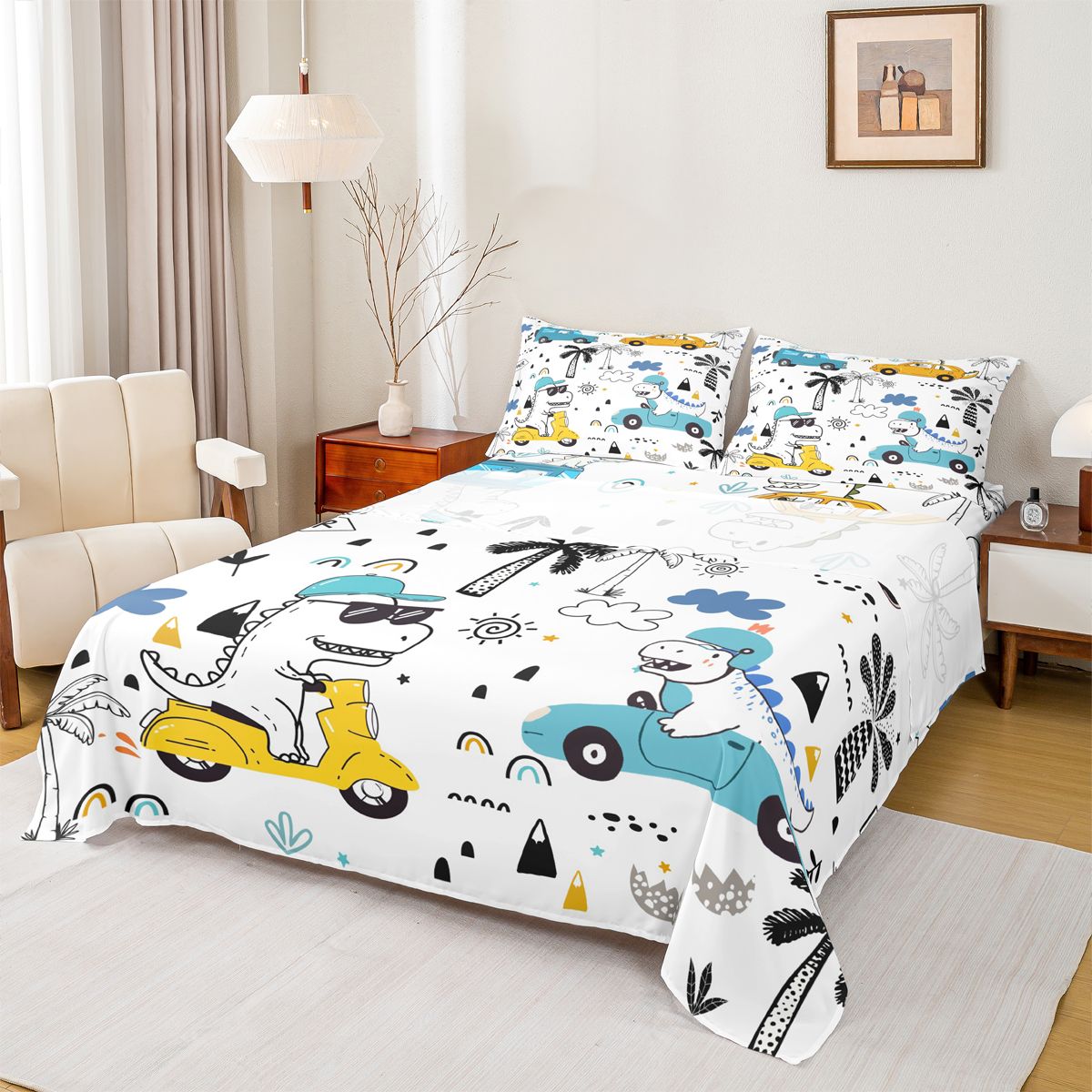 jejeloiu Funny Dinosaur Bed Sheets,Graffiti Cartoon Dino King Sheets ...