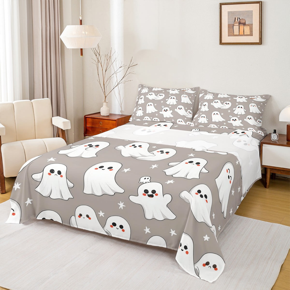 jejeloiu Funny Ghost Full Size Sheets,Halloween Theme Bed Sheets,White ...