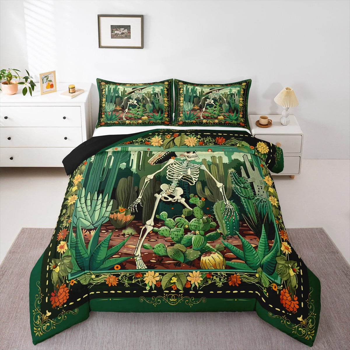 jejeloiu Funny Halloween Skeleton Queen Comforter Set,Tropical Plant ...