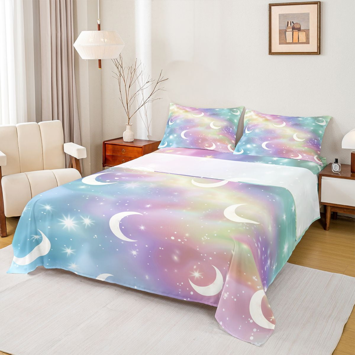 jejeloiu Galaxy Moon Stars Bed Sheets,Colorful Ombre Effect King Sheets ...