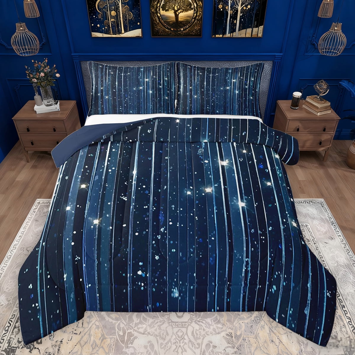 jejeloiu Galaxy Starry Sky Queen Comforter Set,Sequin Print Stripe ...