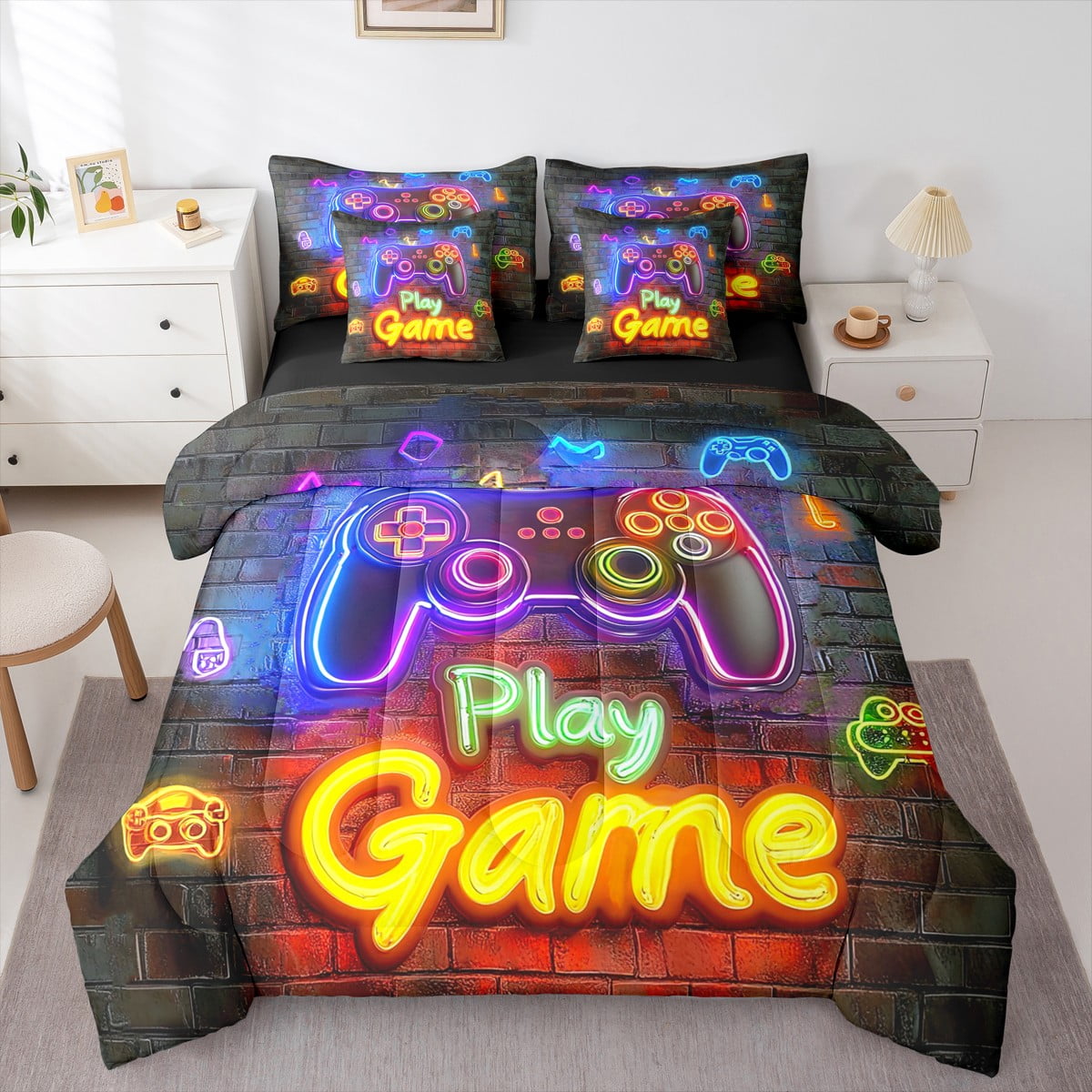 jejeloiu Game Bedding Comforter Set 7pcs,Neon Gamepad Controller Queen ...