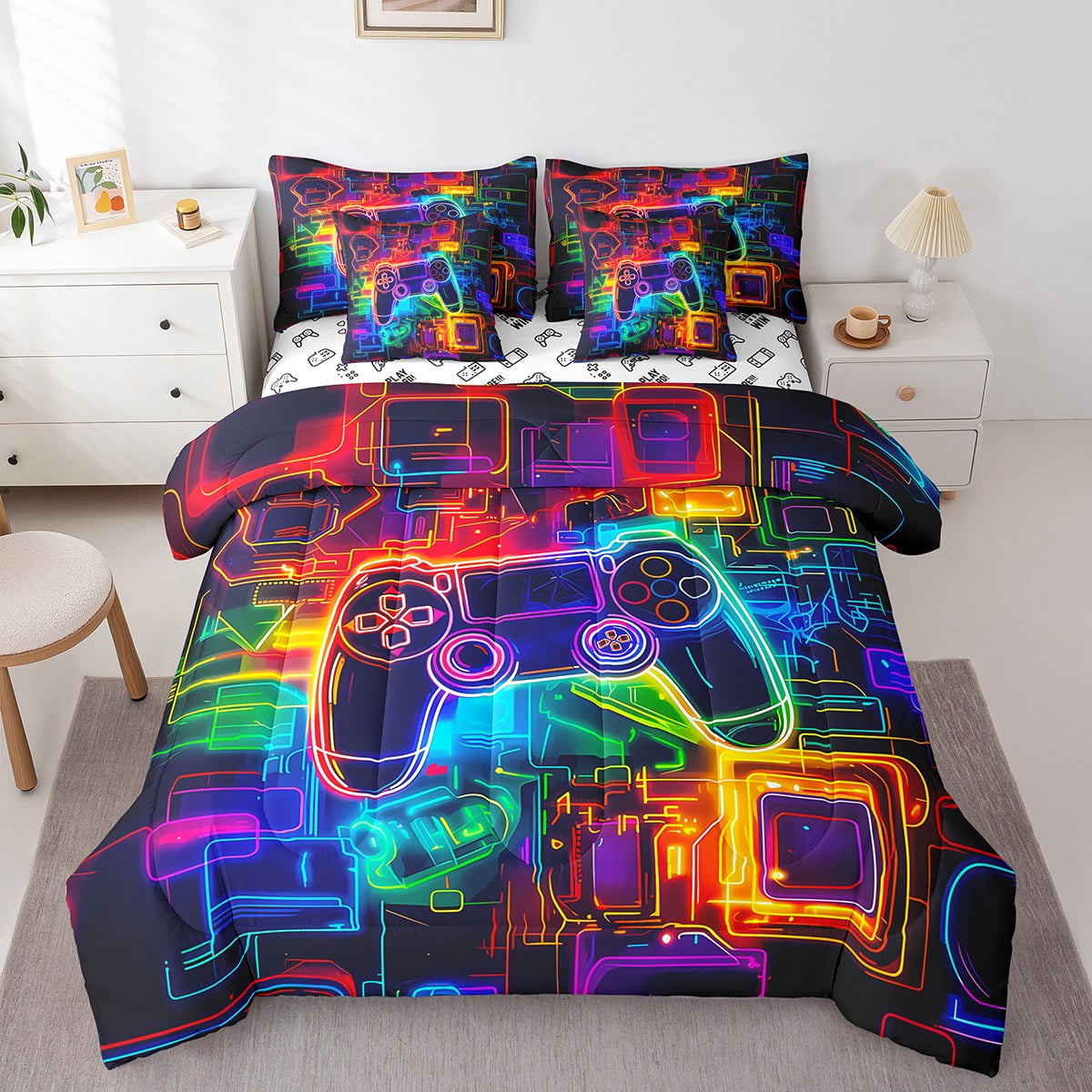 jejeloiu Gamer Gaming Bedding Comforter Set,7pcs,Modern Neoe Stripes ...