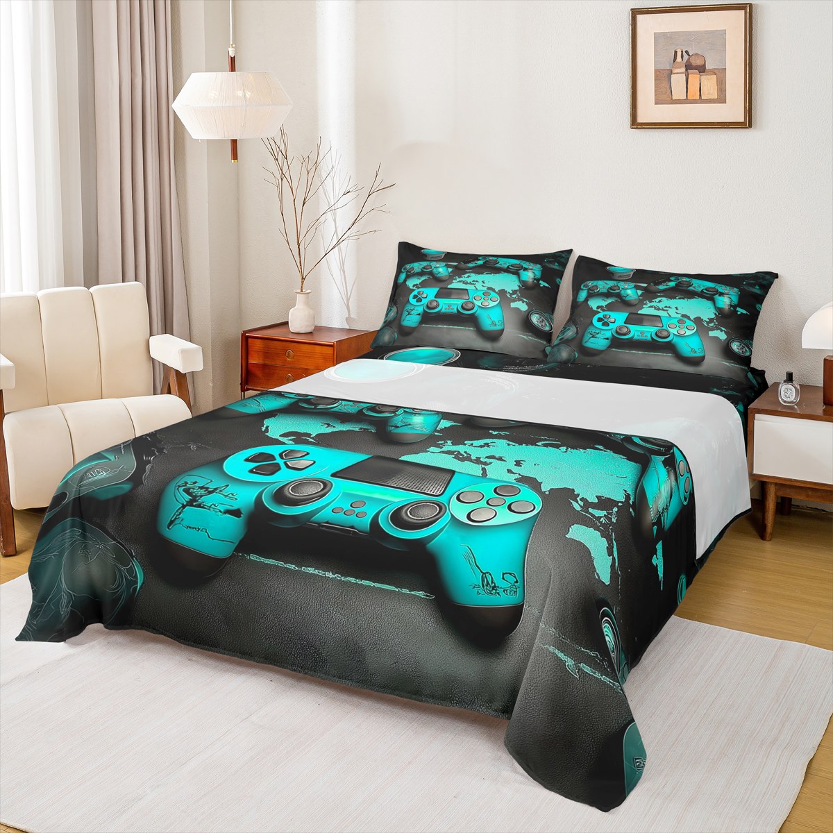 jejeloiu Gamer Gaming Full Size Sheets,Blue Black Bed Sheets,Cartoon ...