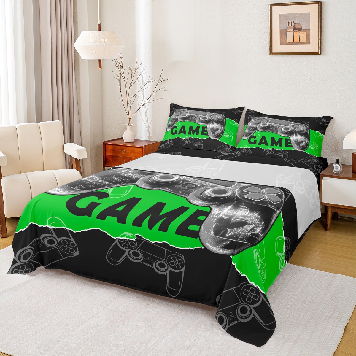 jejeloiu Gamer Gaming Full Size Sheets,Gray Green Black Bed Sheets ...