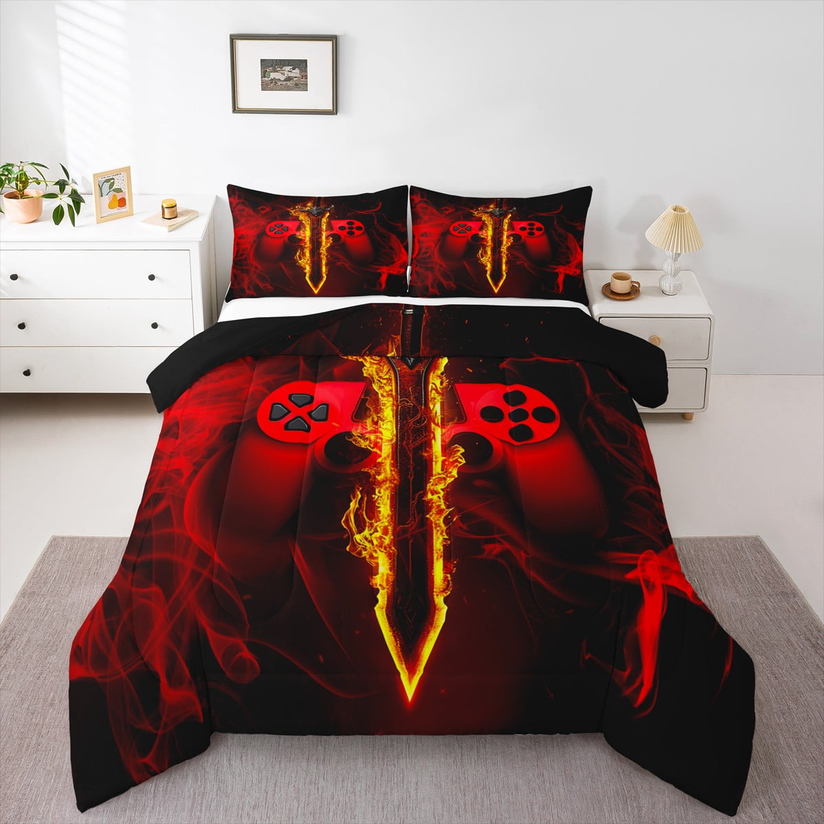 jejeloiu Gamer Gaming King Size Comforter Sets,Red Orange Lightsaber ...