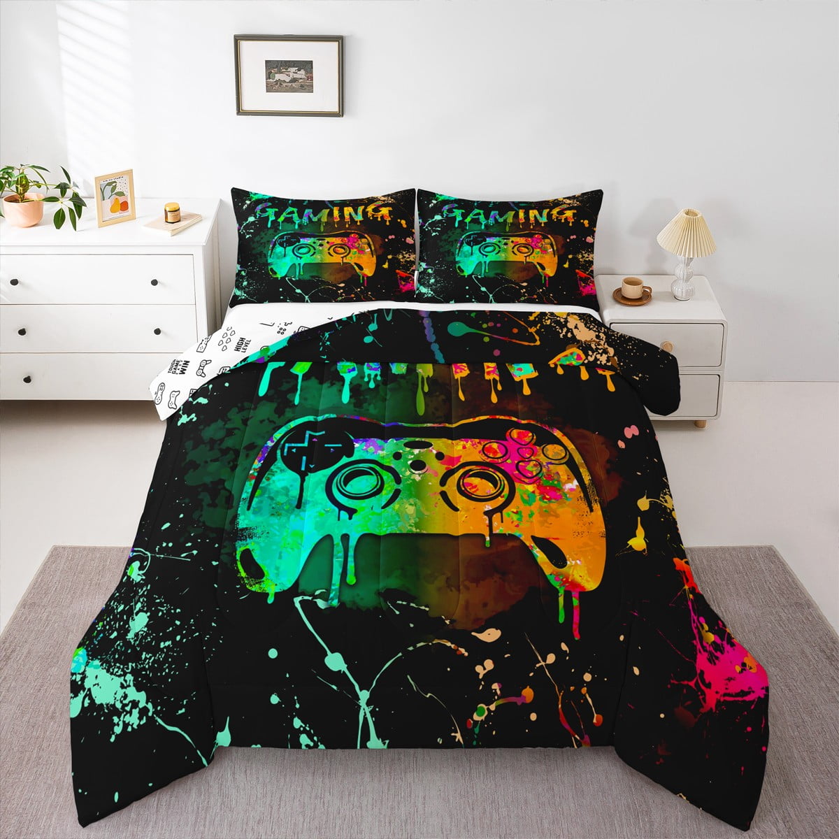 jejeloiu Gamer Gaming Queen Comforter Set,Modern Video Game Bedding ...
