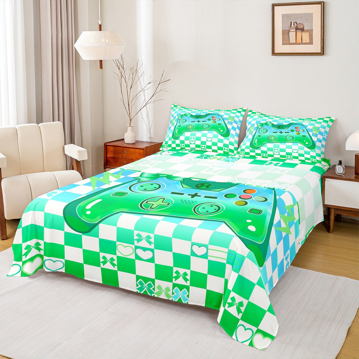 jejeloiu Gamer Gaming Queen Sheet Sets,Green Geometry Checkered Flat ...
