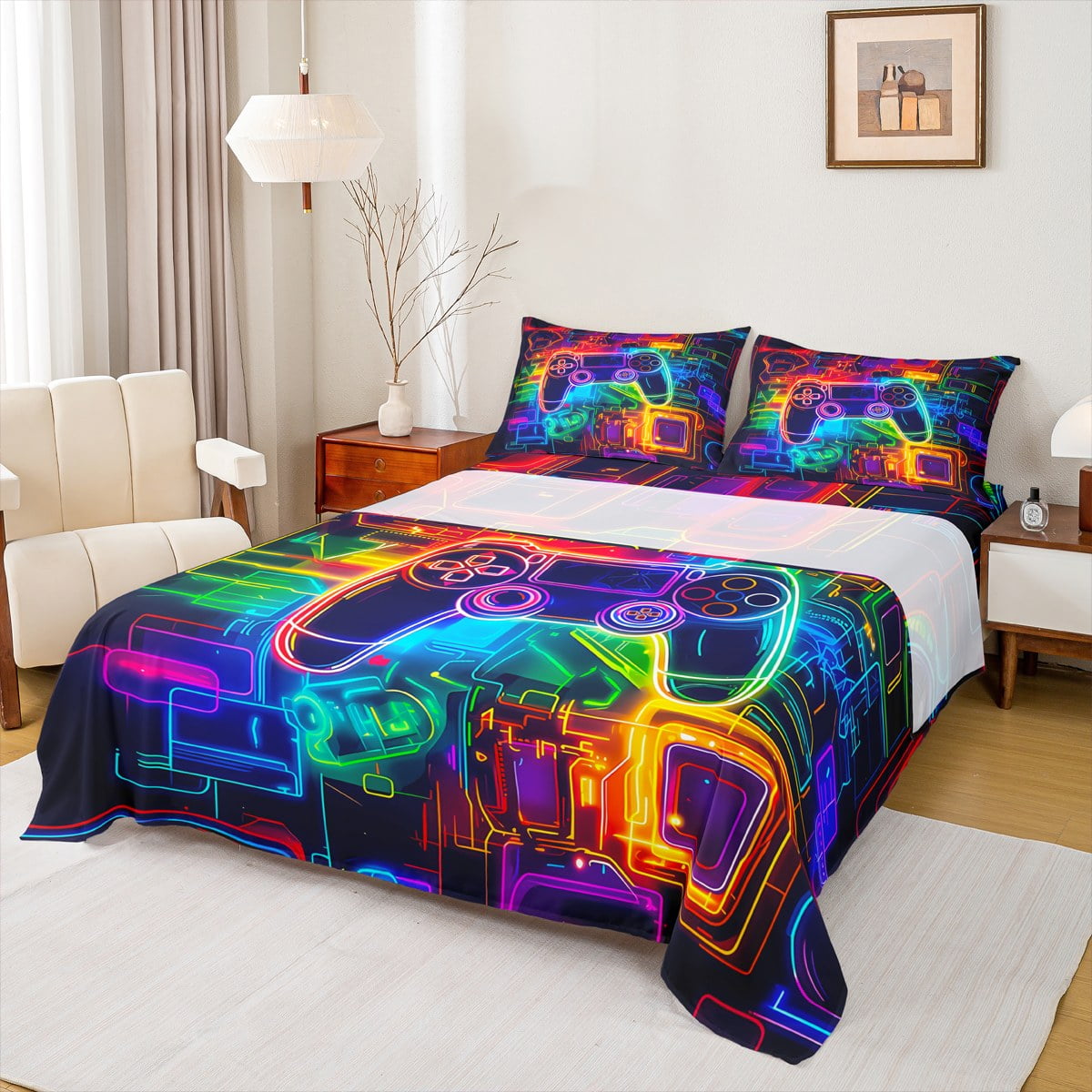 jejeloiu Gamer Gaming Queen Sheet Sets,Modern Neoe Stripes Flat Sheet ...