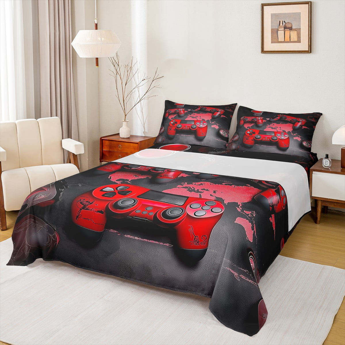 jejeloiu Gamer Gaming Queen Sheet Sets,Modern Video Game Flat Sheet,Red ...