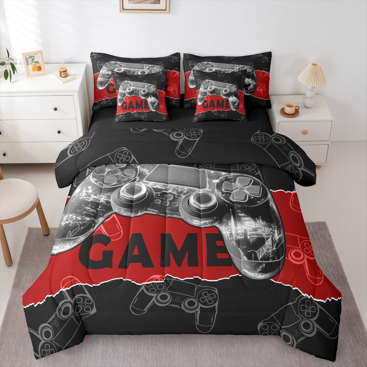 jejeloiu Gamer Gaming Twin Bedding Sets 7-Piece,Gray Red Black Bedding ...