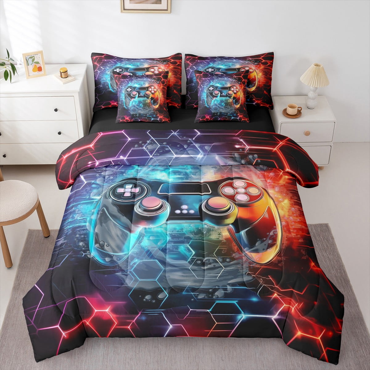 jejeloiu Gaming Bedding Comforter Set 7pcs,Geometric Hexaon Honeycomb ...