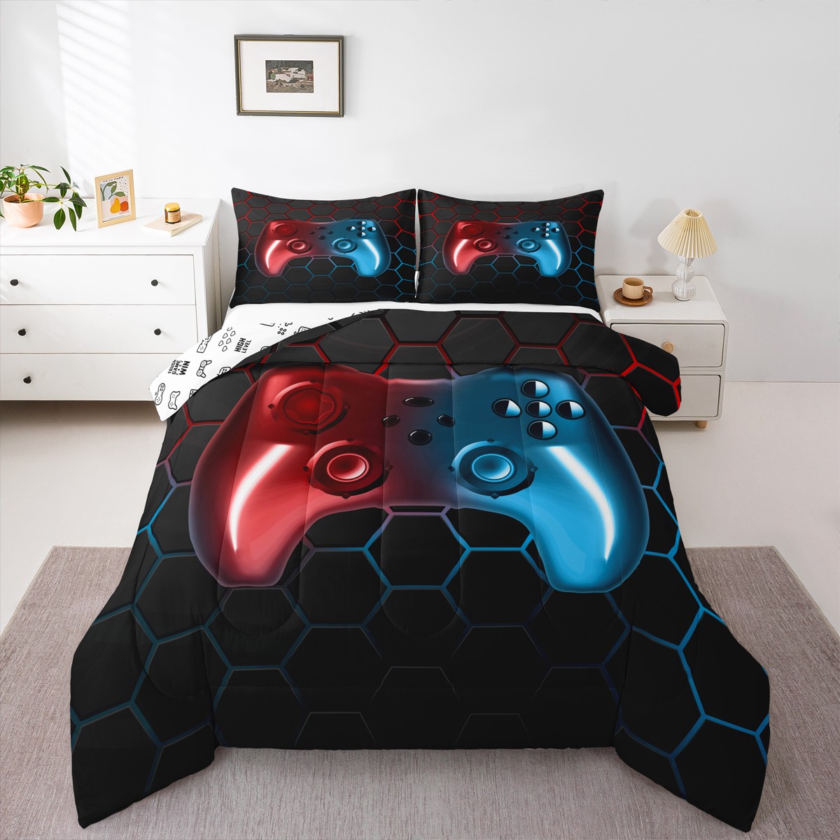 jejeloiu Gaming Full Size Comforter Sets,Geometric Hexaon Honeycomb ...