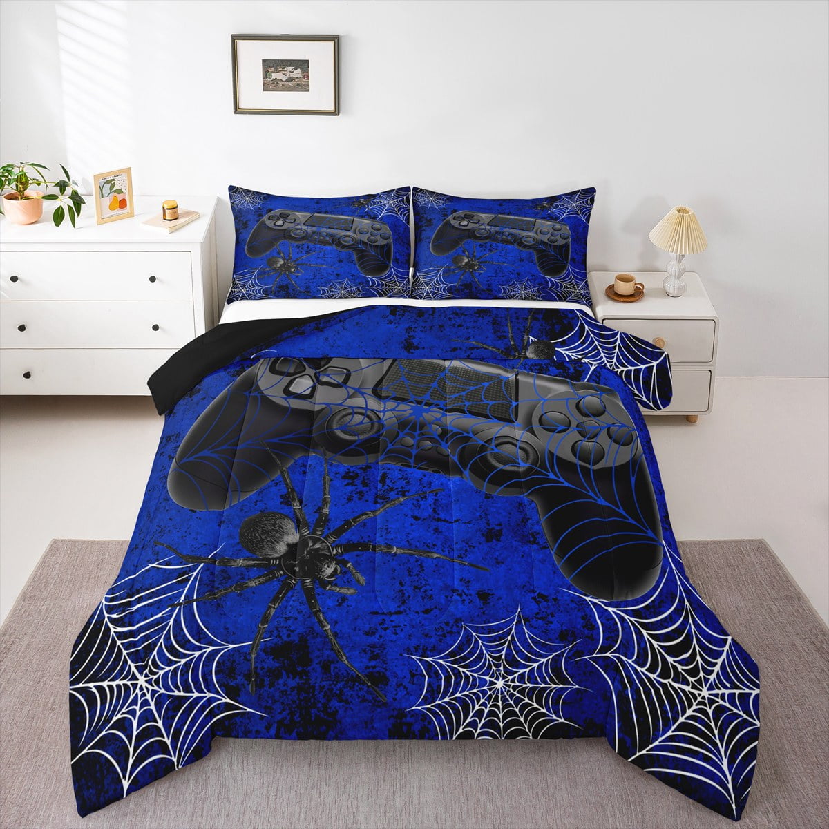 jejeloiu Gaming Queen Comforter Set,Neon Blue Gamepad Bedding Sets ...