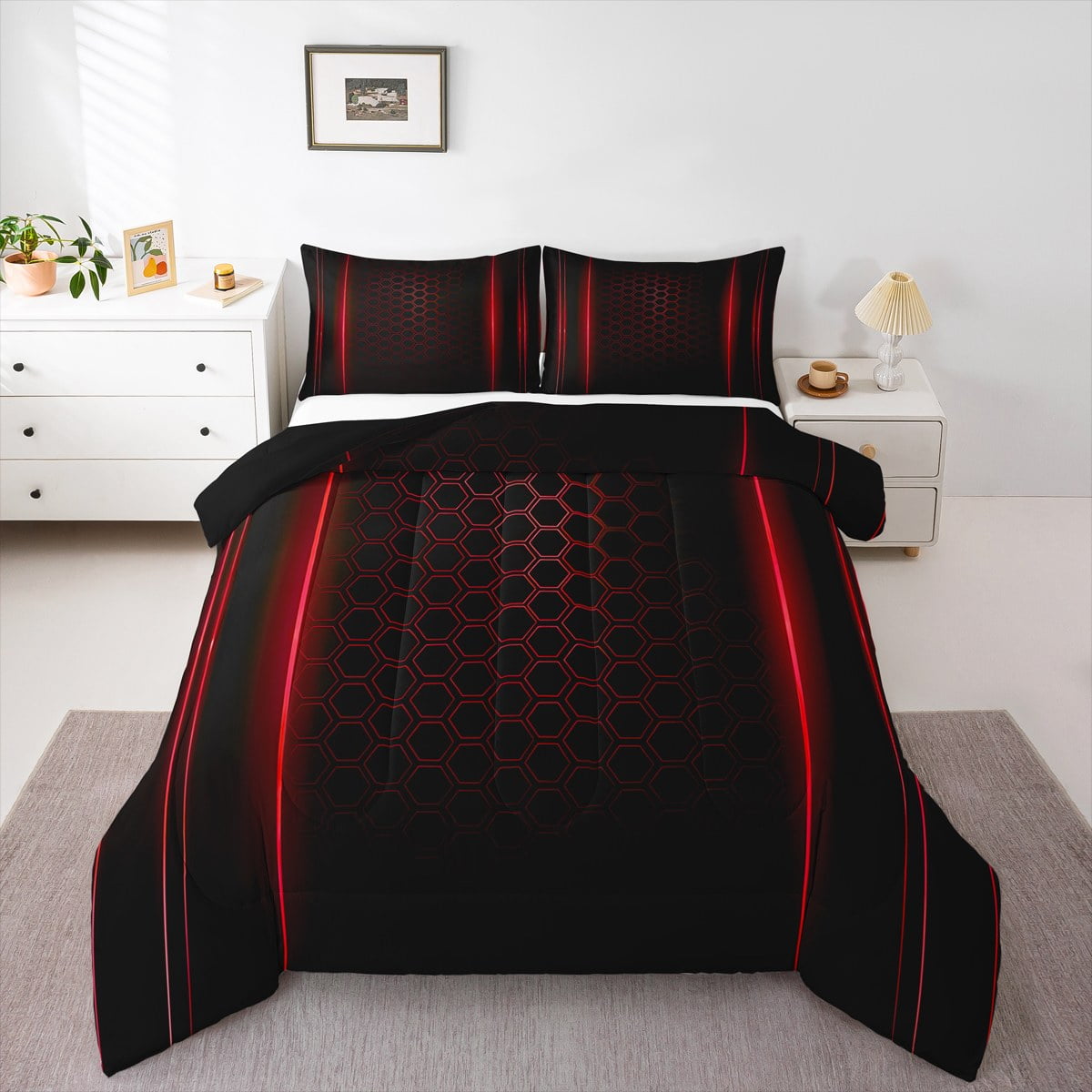 jejeloiu Geometric Honeycomb Hexagon Bedding Comforter Set,Neon Striped ...