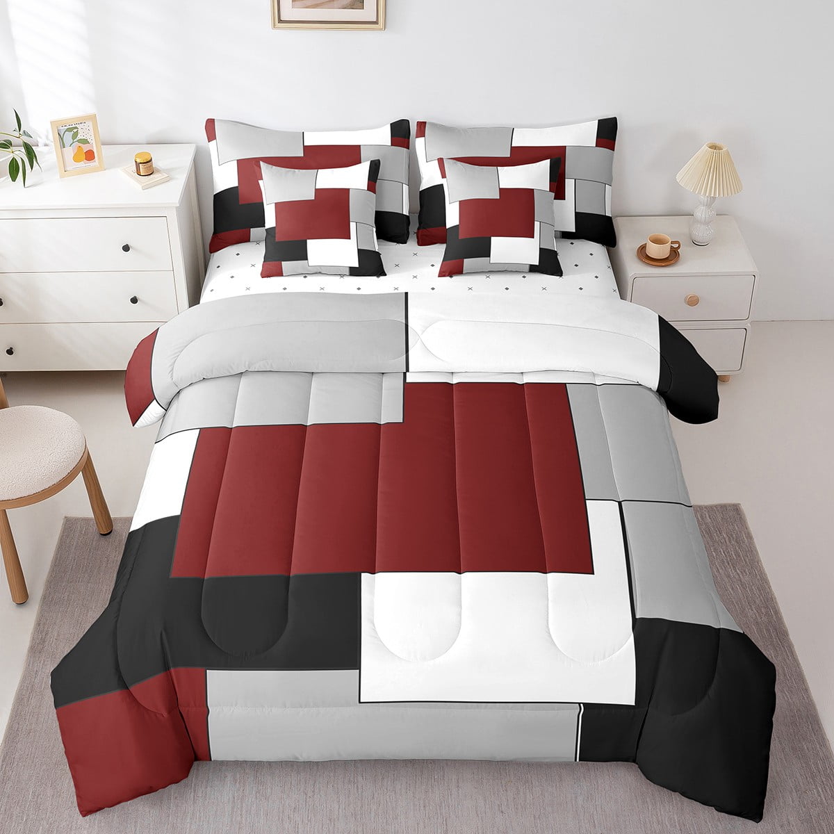jejeloiu Geometric Square Bedding Comforter Set,7 Pieces,Modern ...