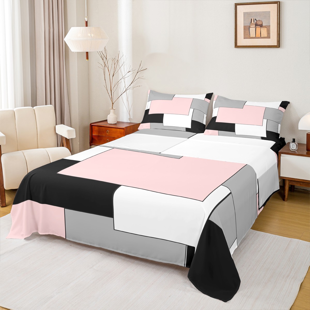 jejeloiu Geometric Square Plaid Full Size Sheets,Modern Abstract Art ...