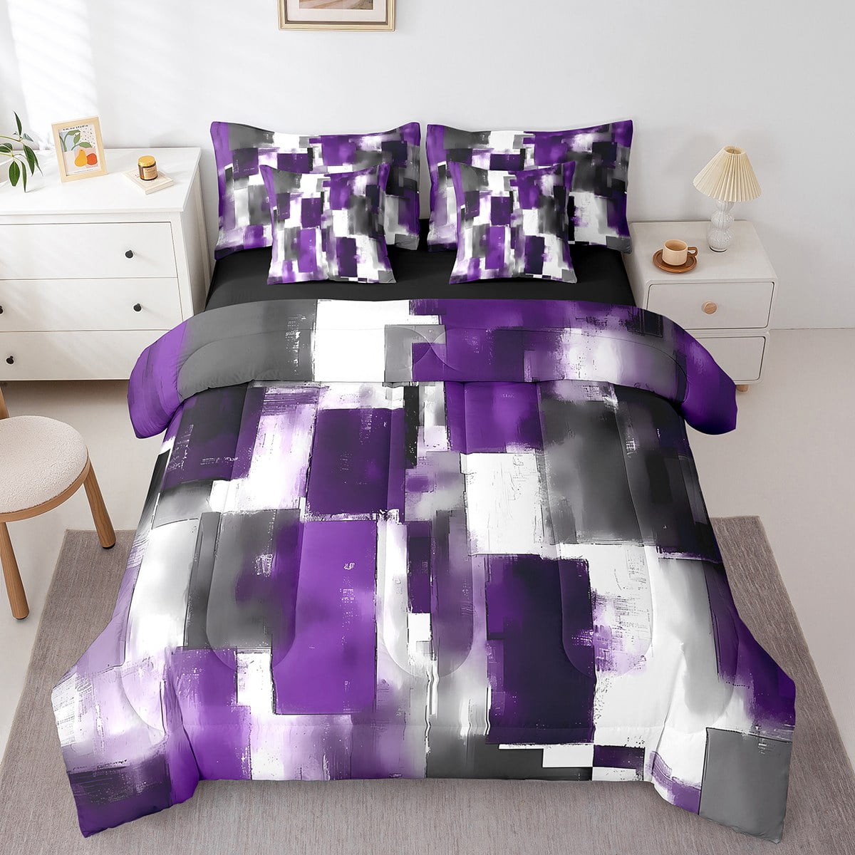 jejeloiu Geometry Grid Twin Bedding Sets,7-Piece,Vintage Splash Ink ...