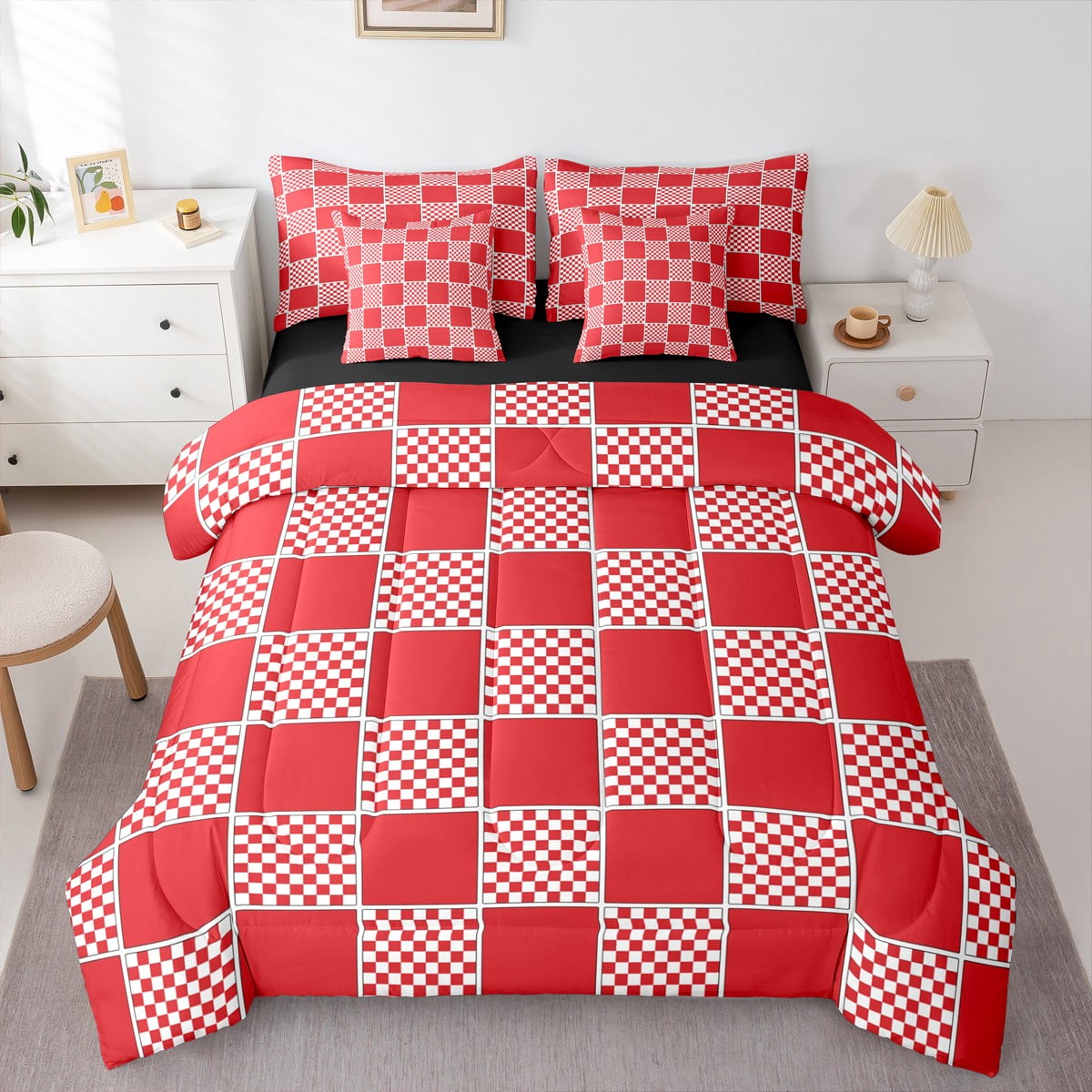 jejeloiu Geometric Plaid Grid Twin Bedding Sets 7-Piece,Modern ...