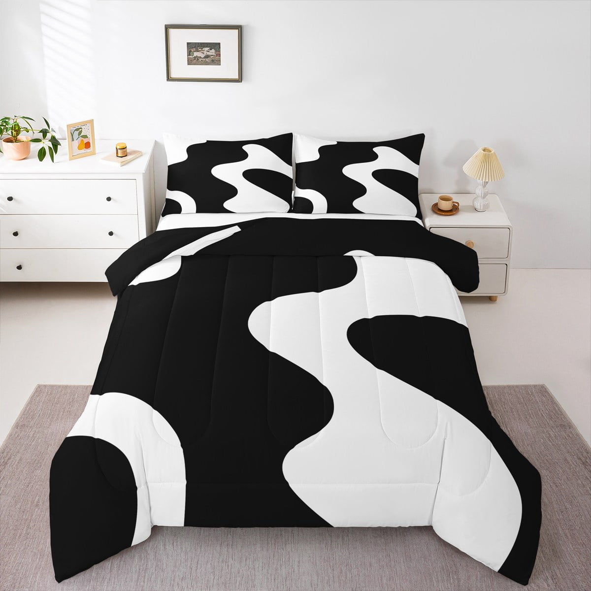 jejeloiu Geometry Waves Stripes Bedding Comforter Set,Patchwork Lines ...