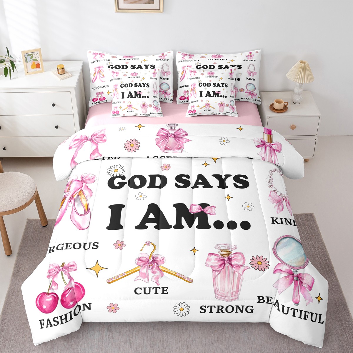 jejeloiu Girl Cosmetics Theme Bedding Comforter Set 7pcs,Perfume Ballet ...
