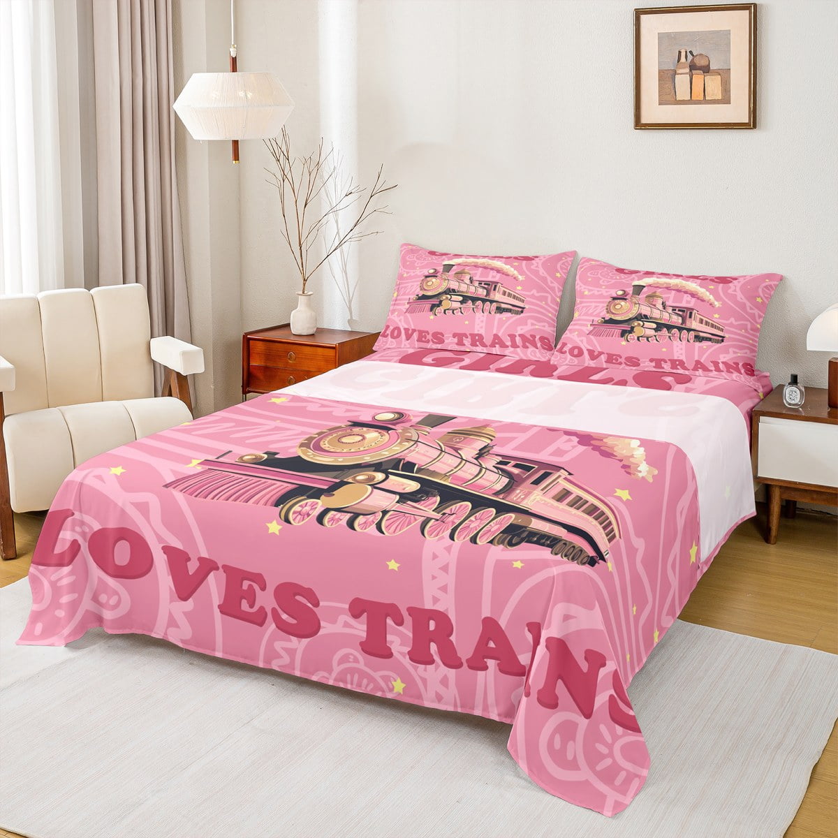 jejeloiu Girls Loves Train Full Size Sheets,Retro Train Bed Sheets ...