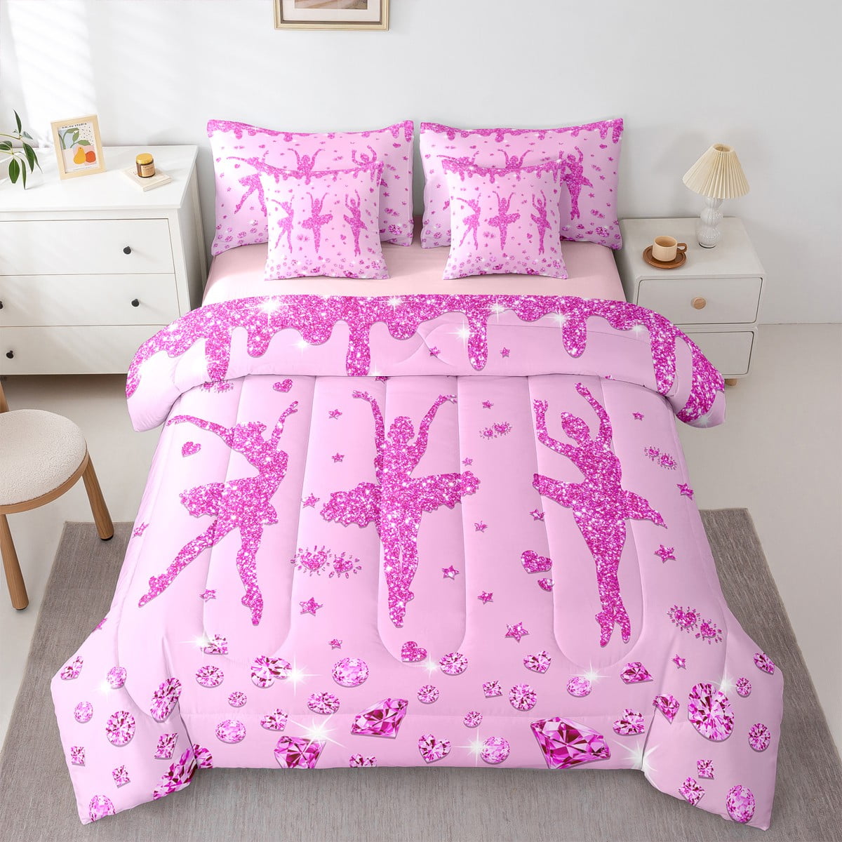 jejeloiu Girly Ballet Bedding Comforter Set 7 Pieces,Ballerina Dancer ...