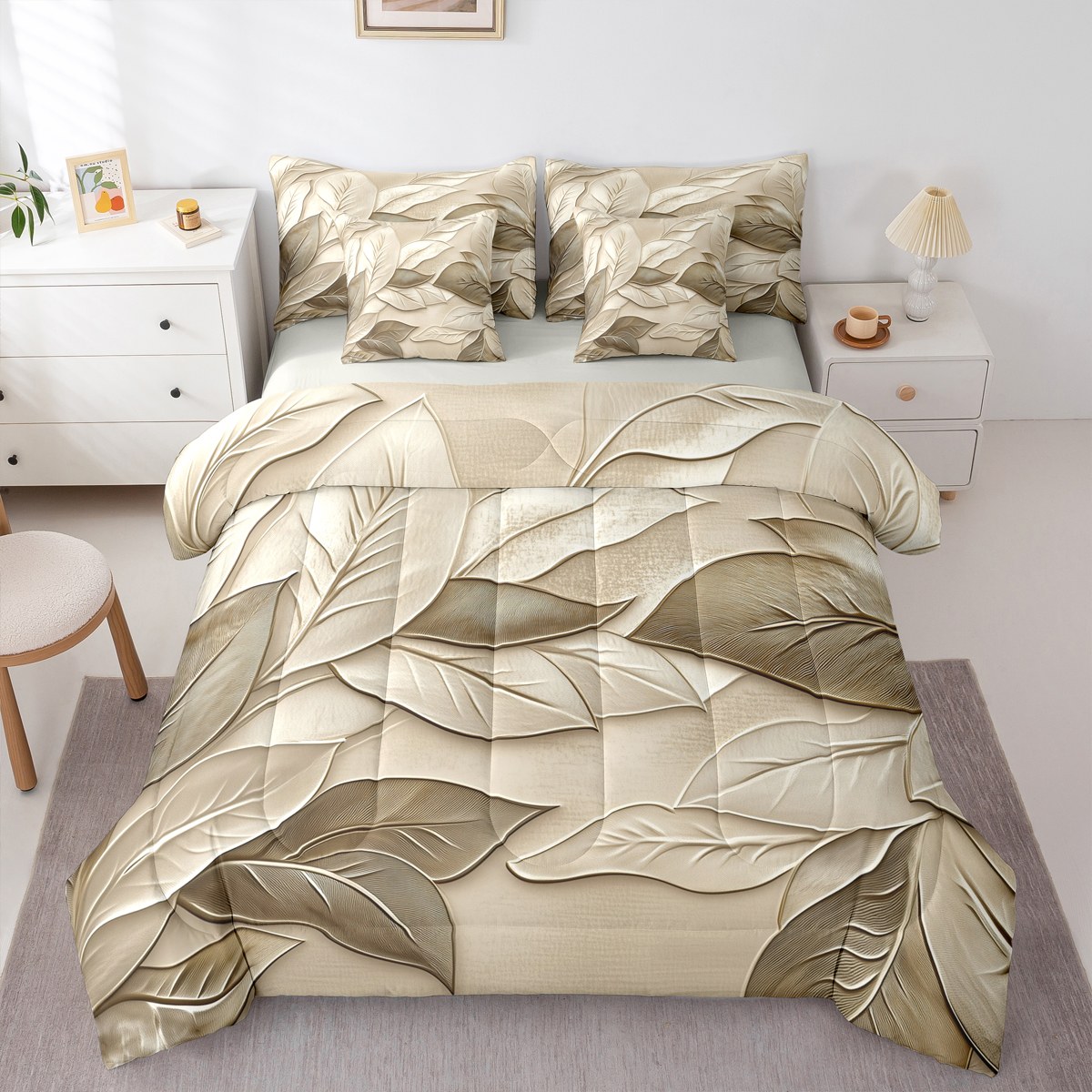 jejeloiu Gold Leaves Leaf Bedding Comforter Set 7 Pieces,Modern ...