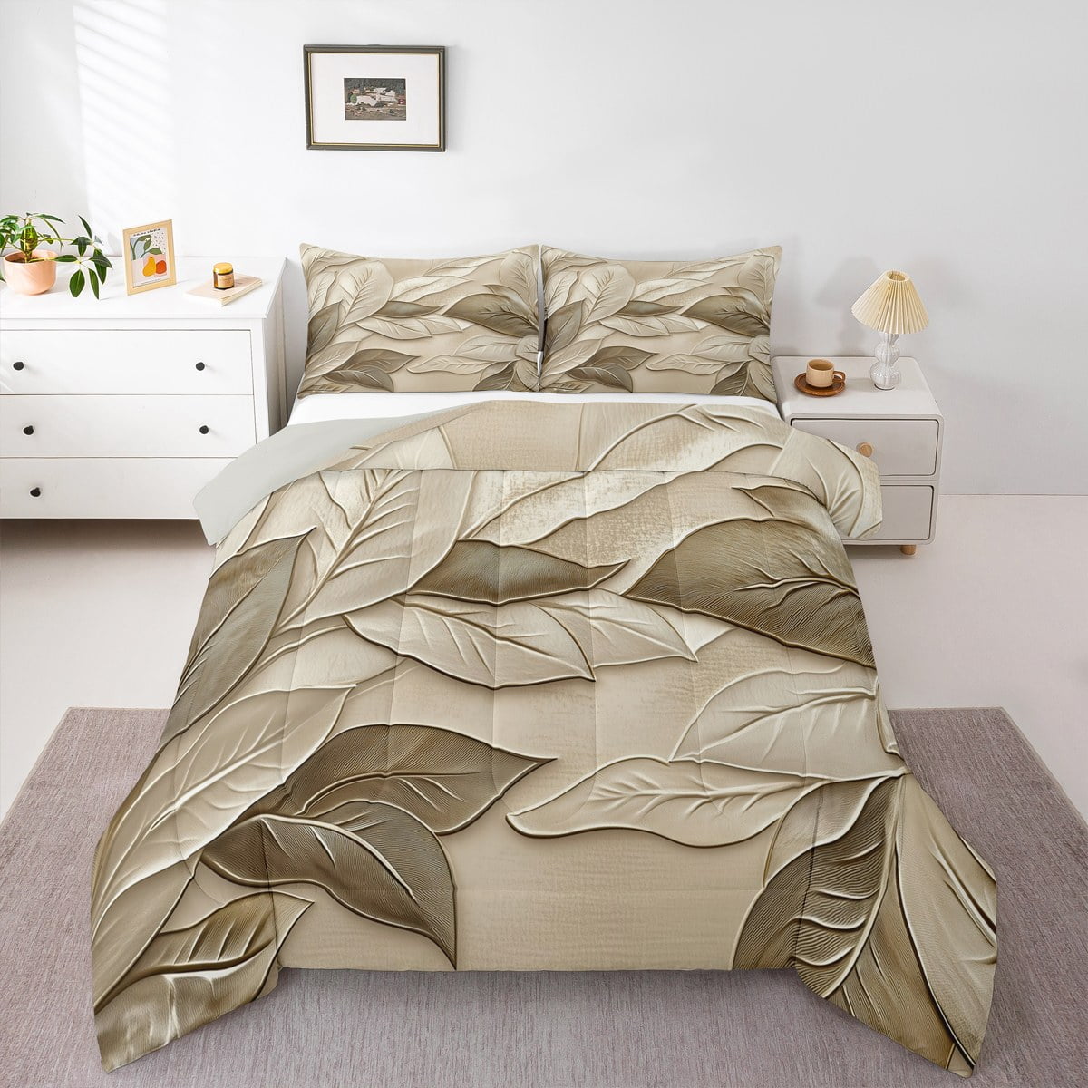 jejeloiu Gold Leaves Leaf Queen Comforter Set,Modern Aesthetic Art ...