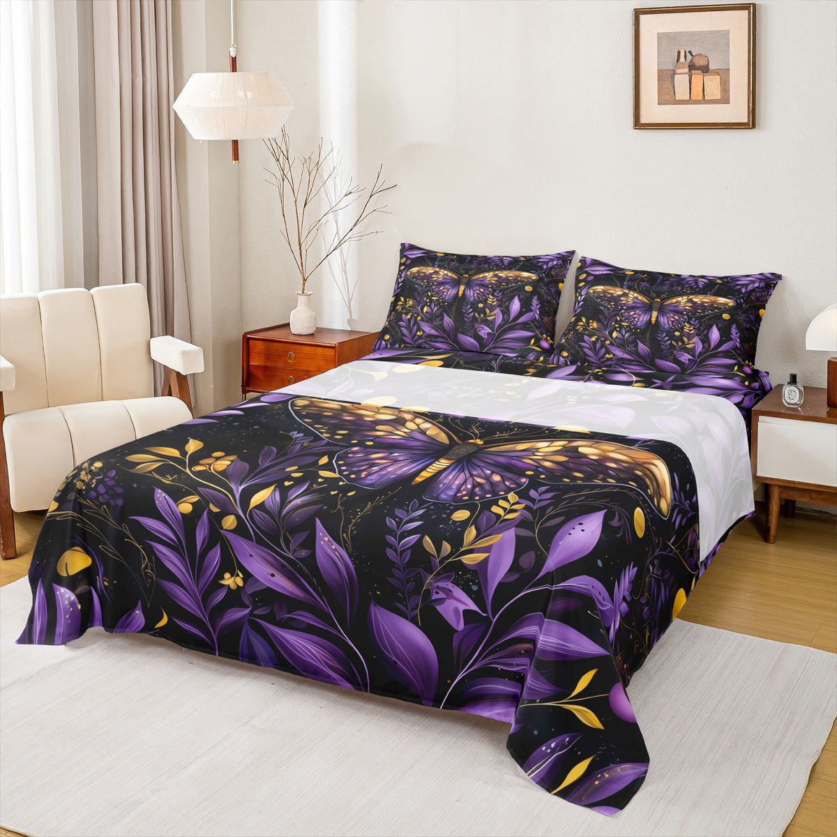 jejeloiu Gold Purple Moth Bed Sheets,Rustic Plants Leaf King Sheets ...