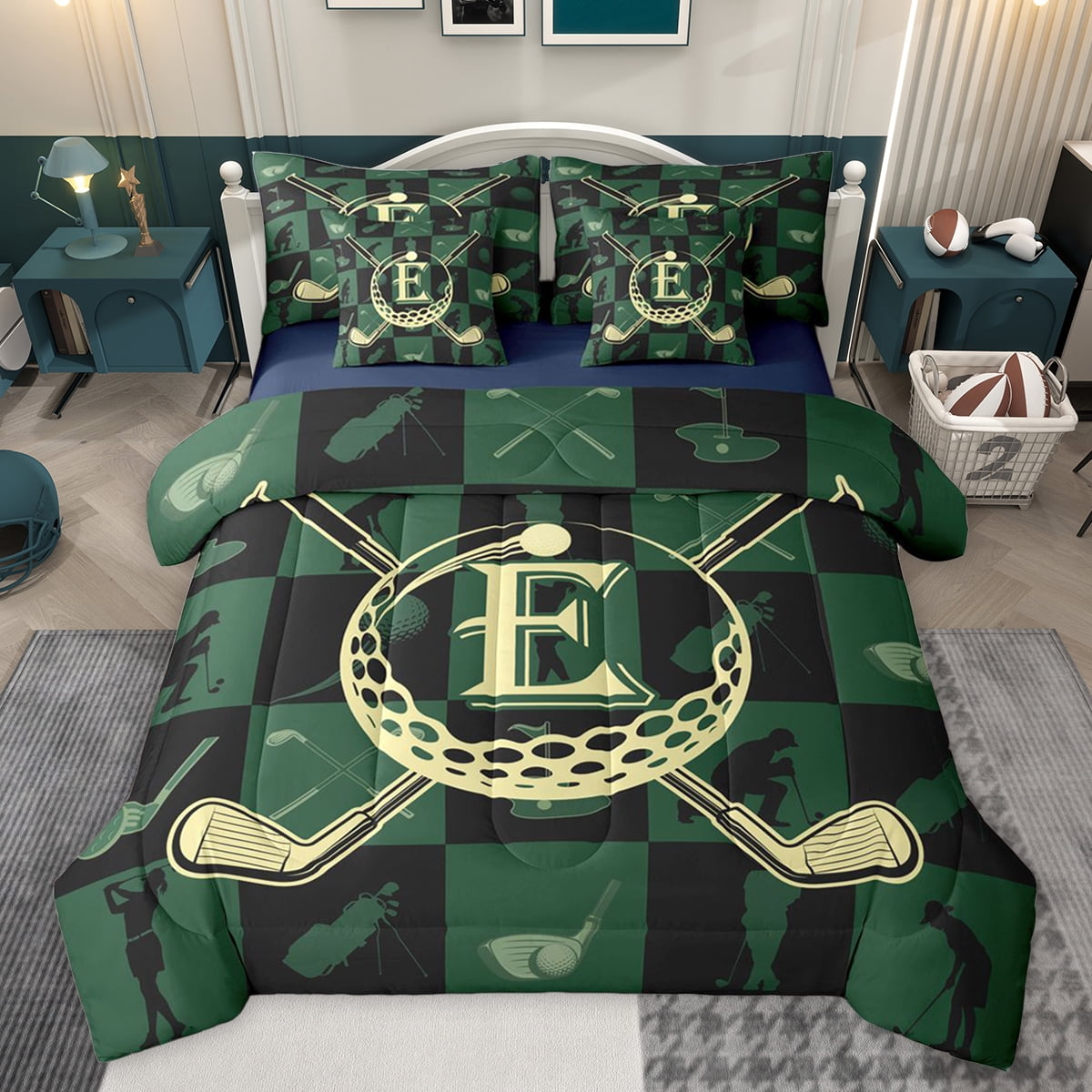 jejeloiu Golf Sport 7-Piece Queen Bedding Set Ball Gamer Letter E Cozy ...