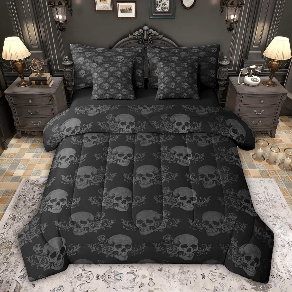 jejeloiu Goth Skull Skeleton 7 Pieces Bedding Comforter Set,Gray Rose ...