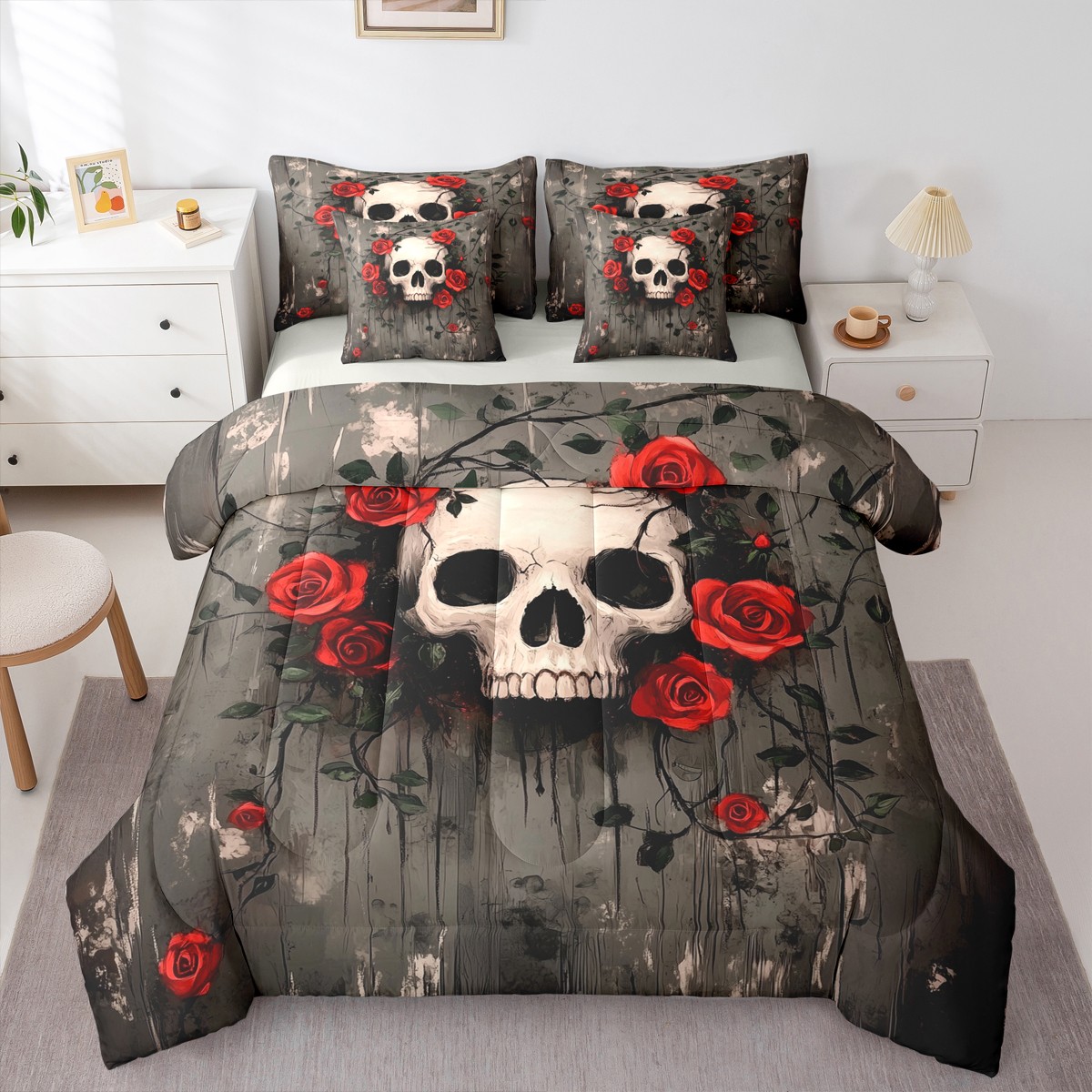 jejeloiu Gothic Skull 7-Piece Twin Bedding Sets,Spooky Halloween ...