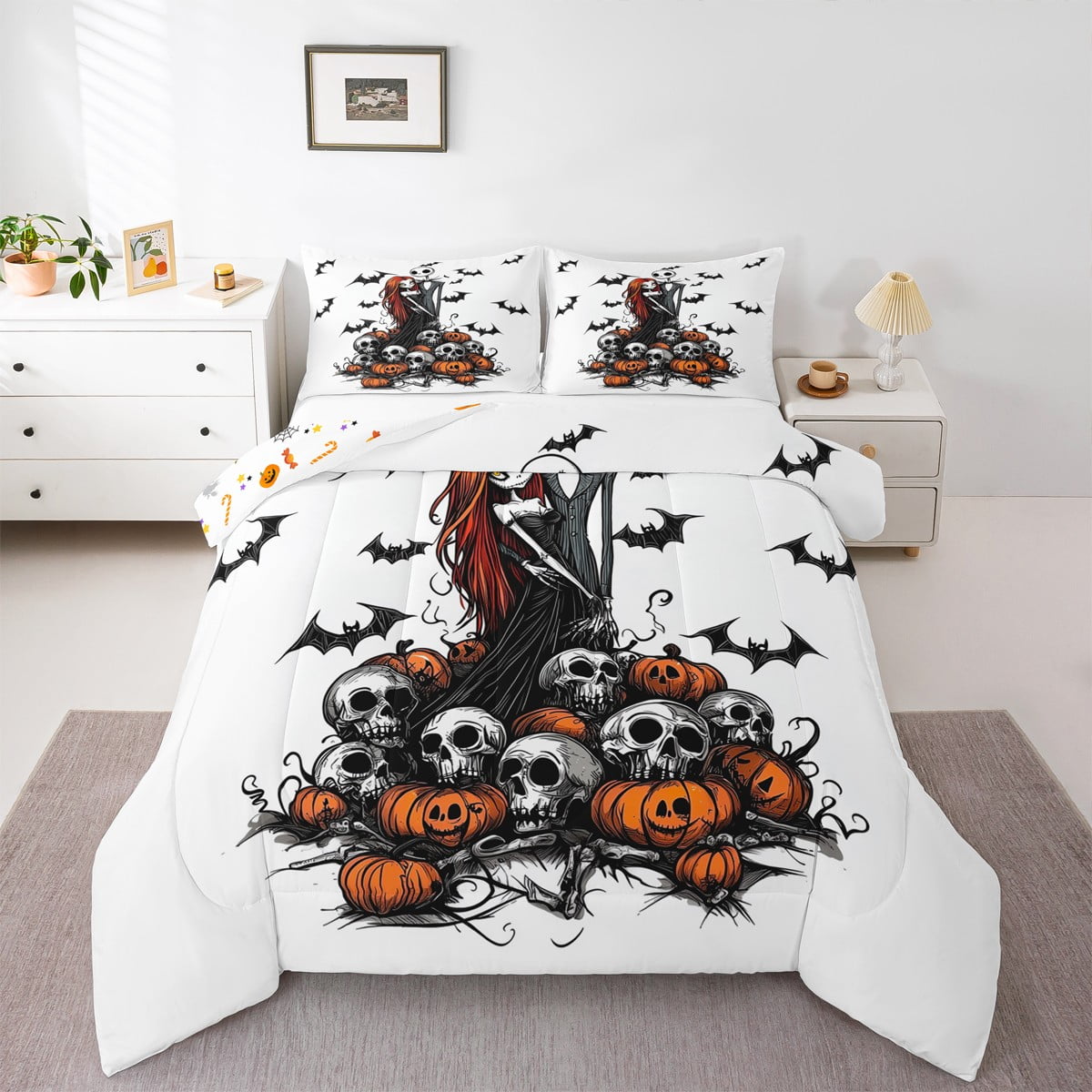 jejeloiu Gothic Skull Queen Comforter Set,Happy Halloween Bedding Sets ...