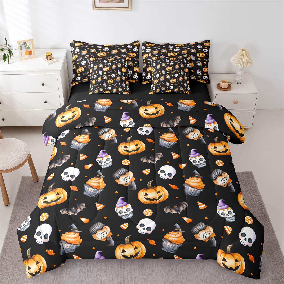 jejeloiu Gothic Skull Skeleton 7-Piece Bedding Comforter Set,Spooky ...