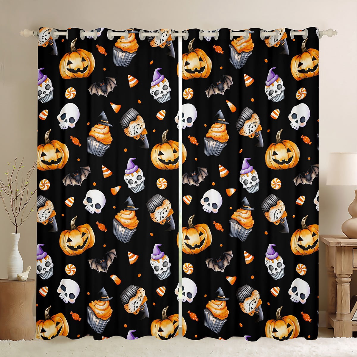 jejeloiu Gothic Skull Skeleton Curtains and Drapes,Spooky Halloween ...